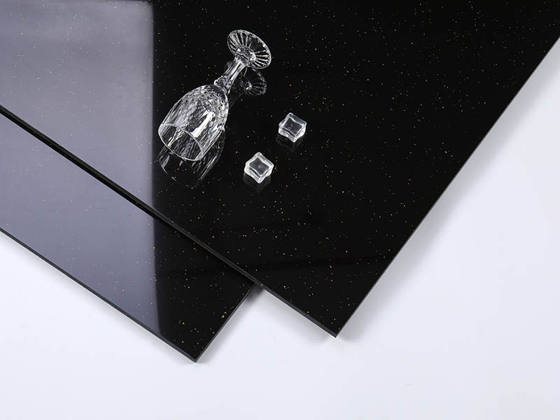 Solid Black Polished Porcelain Tiles with Golden and White Speckles丨Powell